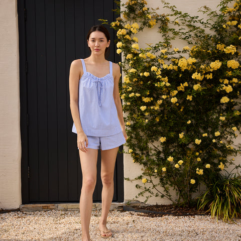 LAKE | Women | Cotton Pajamas | Blue Seersucker Alice Shorts Set
