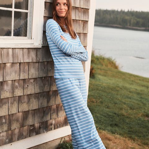 LAKE | Women | Pima Cotton Pajamas | Serene Blue Anchor Stripe Wide Leg ...