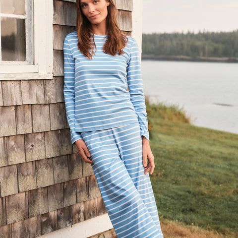 LAKE | Women | Pima Cotton Pajamas | Serene Blue Anchor Stripe Wide Leg ...