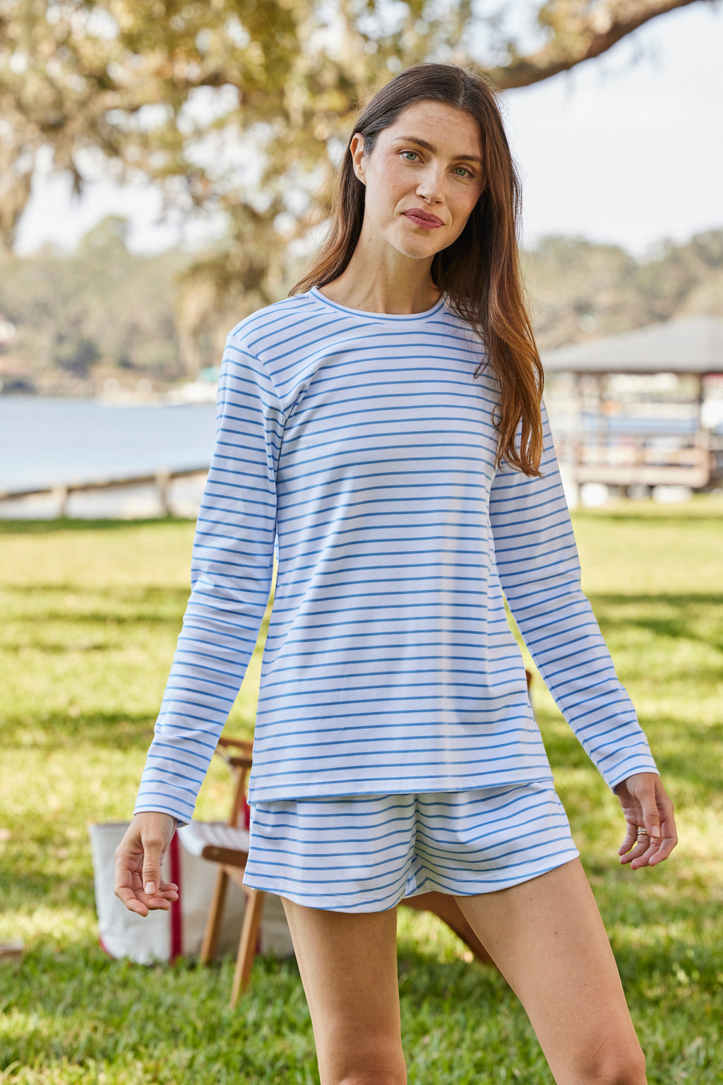 LAKE | Women | Pima Cotton Pajamas | Baltic Blue Stripe Crew Long-Short Set