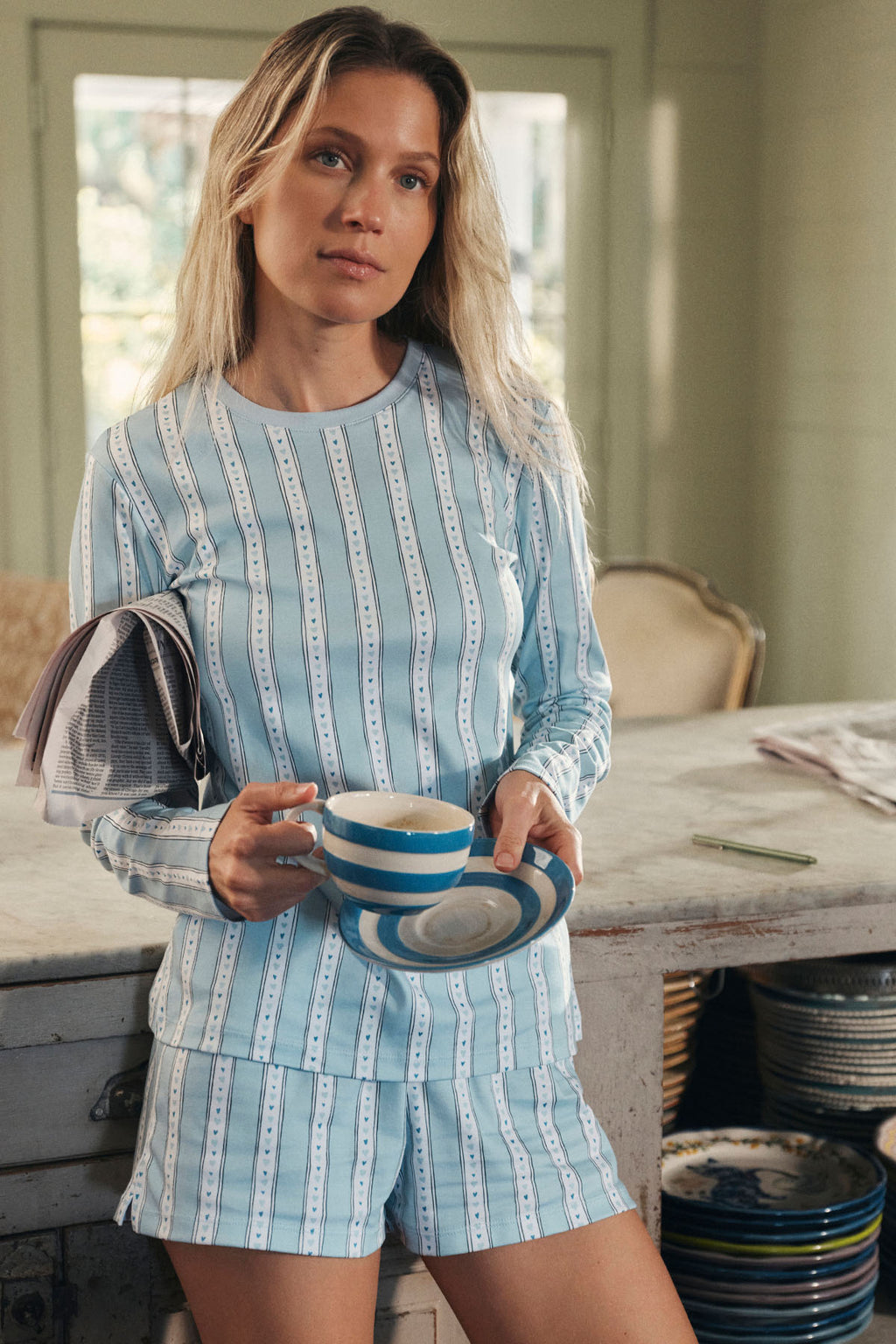 LAKE | Women | Pima Cotton Pajamas | French Blue Love Stripe Crew Long ...